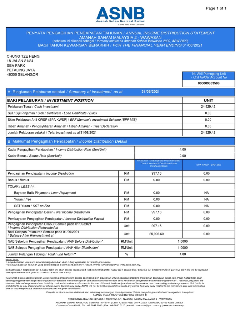 Annual income distribution statement for Amanah Saham Malaysia 2 ...