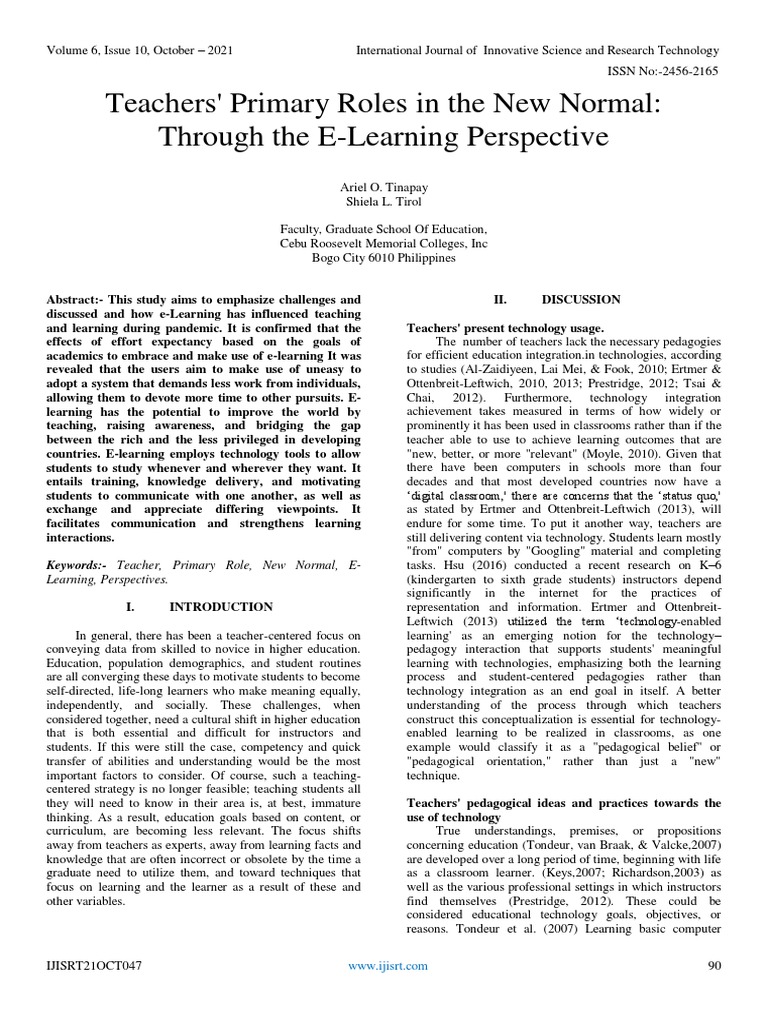 Teachers' Primary Roles in The New Normal Through The E-Learning Perspective | PDF | Educational ...