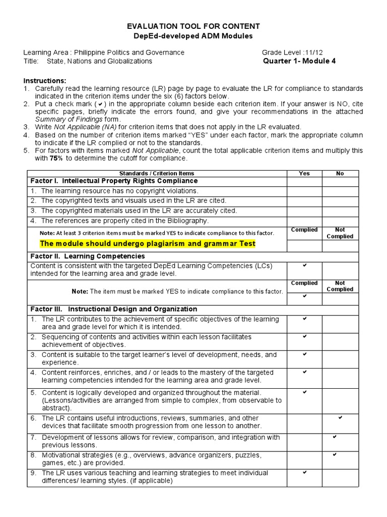 Module 4 Q1 Evaluation Tool For Content Philippine Poliltics and ...