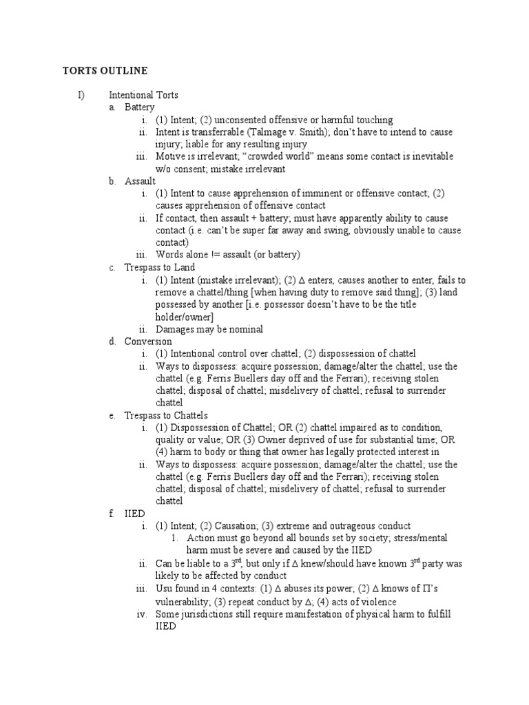 Torts Outline | PDF | Trespass | Private Law