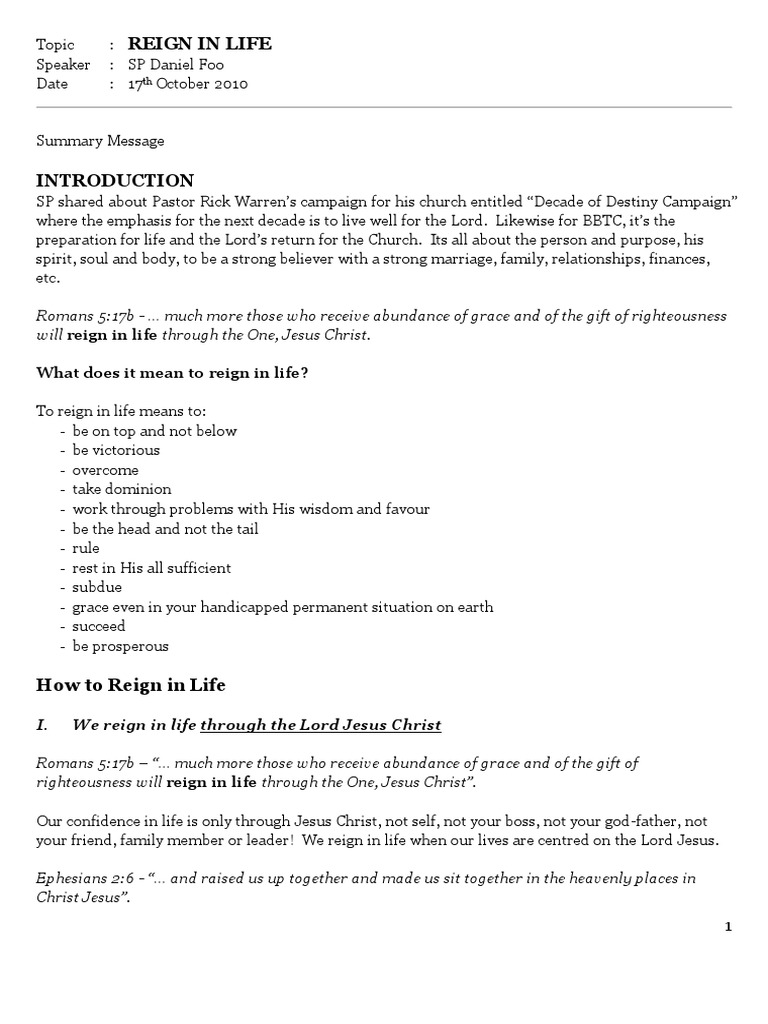 Reign in Life Notes | PDF | Grace In Christianity | Jesus