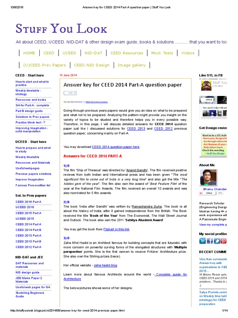 Answer Key For CEED 2014 Part A Question Paper Stuff You Look | PDF ...