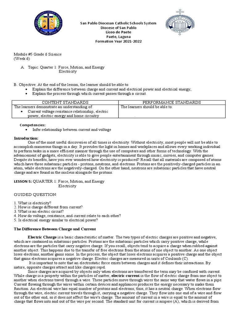 Module Week 6 Grade 8 Science 8 QTR 1 | PDF | Electric Charge | Electron