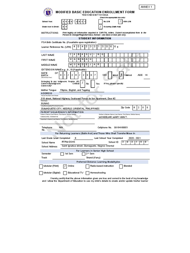 Modified Basic Education Enrollment Form / /: Annex 1 | PDF