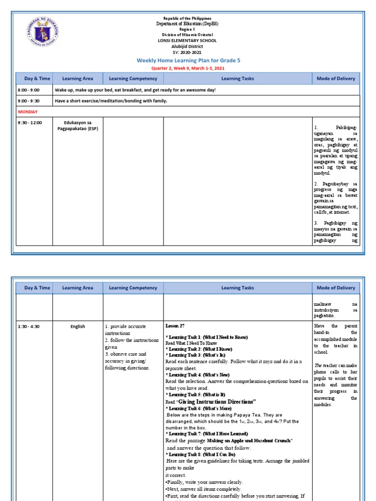 Weekly Home Learning Plan For Grade 5: Learning Area Learning ...