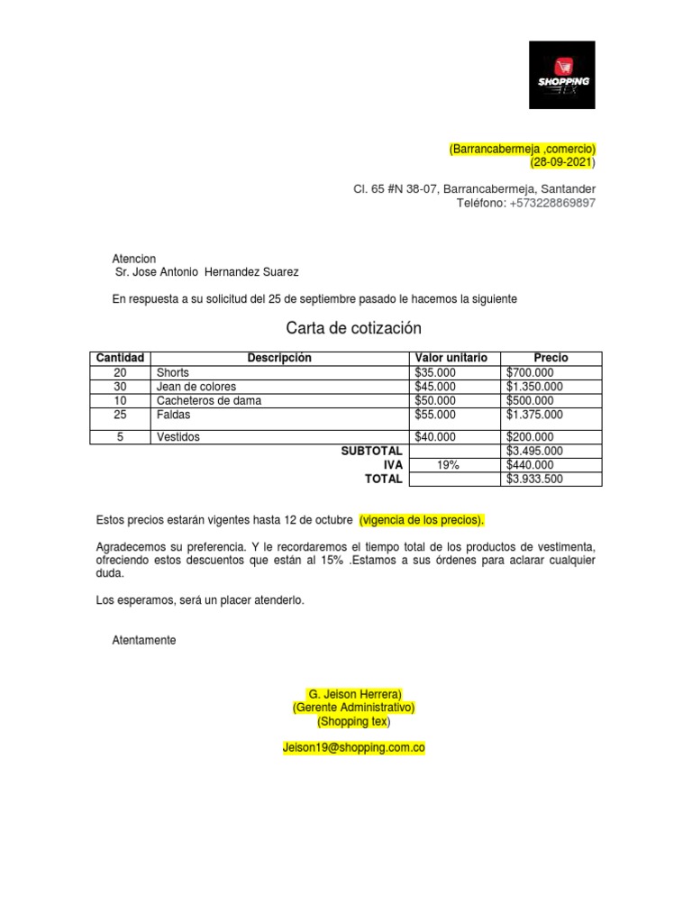 Carta de Cotización PLANTILLA | PDF