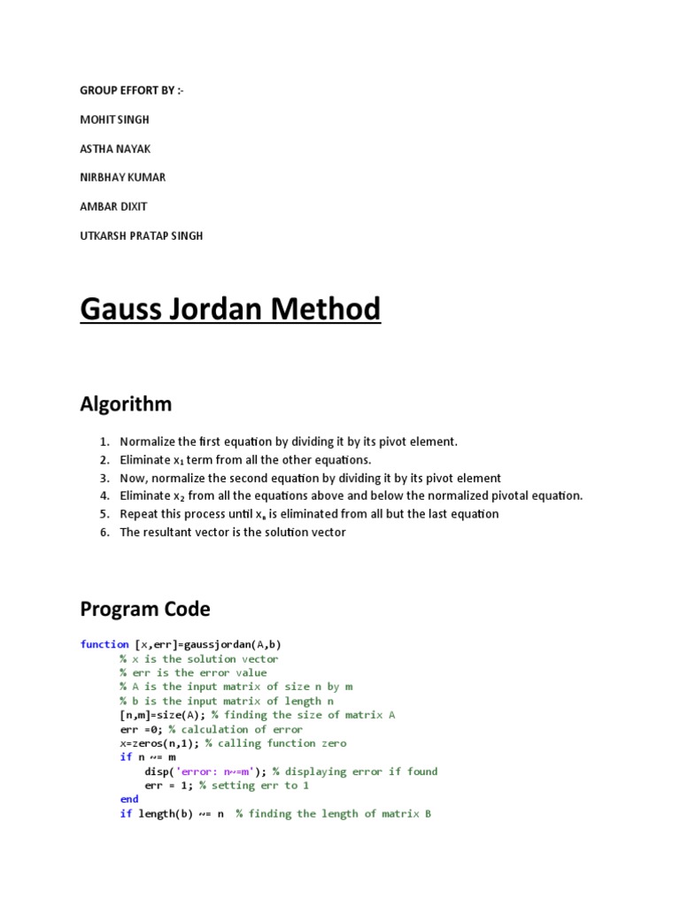 Gauss Jordan - Algorithm and Matlab Program | PDF | Matrix (Mathematics ...