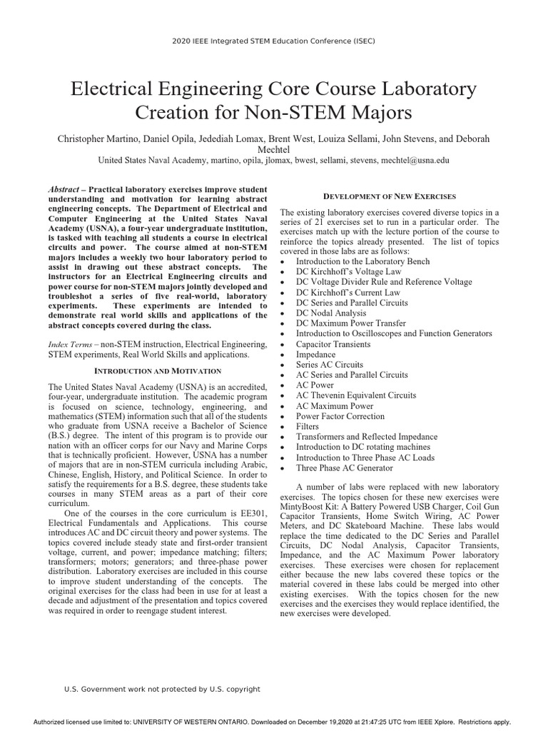 Electrical Engineering Core Course Laboratory Creation For Non-STEM ...