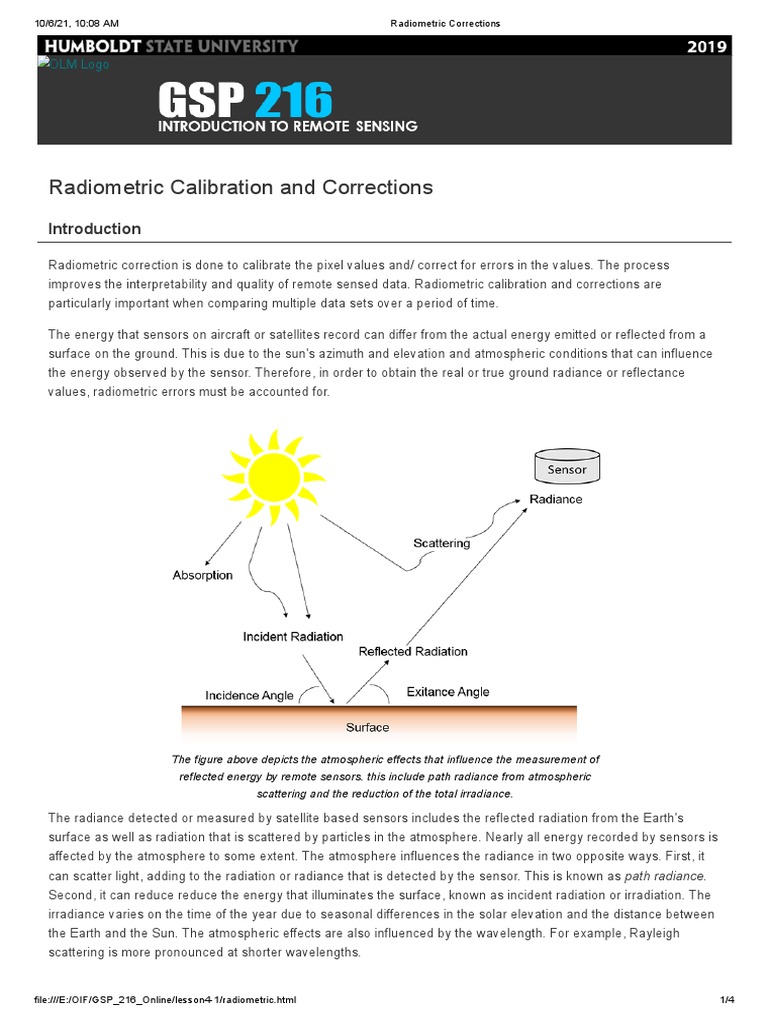 GSP 216 - Lesson 4-1 - Humboldt State University - Radiometric Correction | PDF | Remote Sensing ...