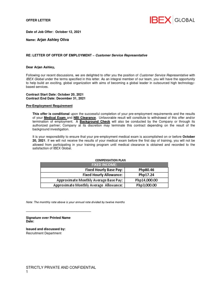 Arjan Ashley Oliva - Offer Letter L2 | PDF