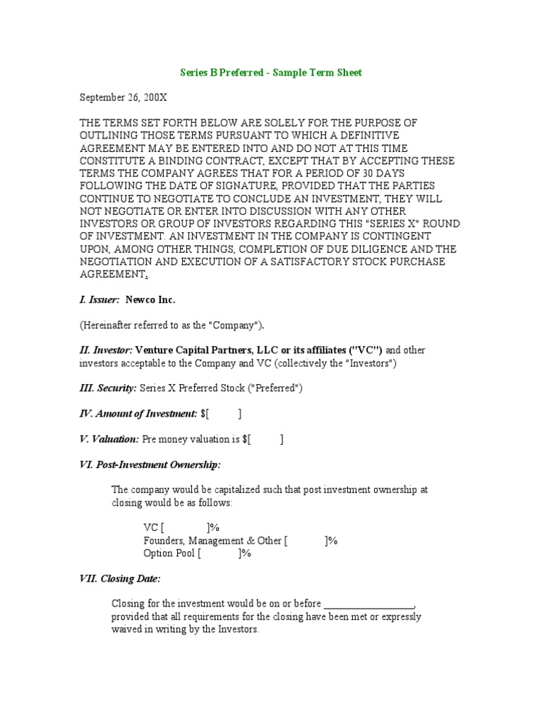 Series B Preferred - Sample Term Sheet | PDF | Stocks | Preferred Stock