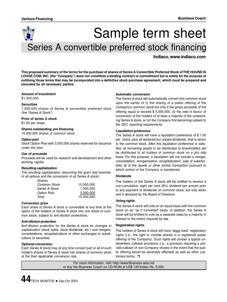 Sample Term Sheet: Series A Convertible Preferred Stock Financing | PDF ...