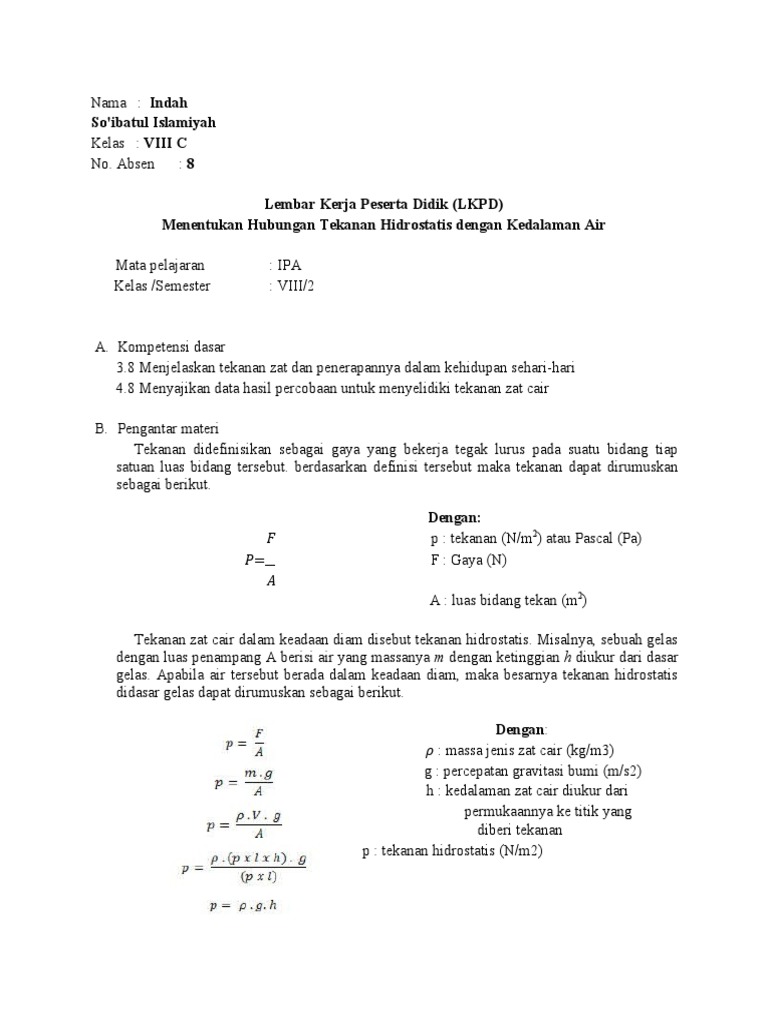 LKPD Tekanan Hidrostatis | PDF