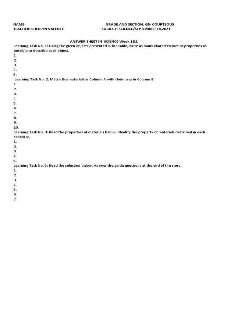 Q1 Science Answer Sheet | PDF