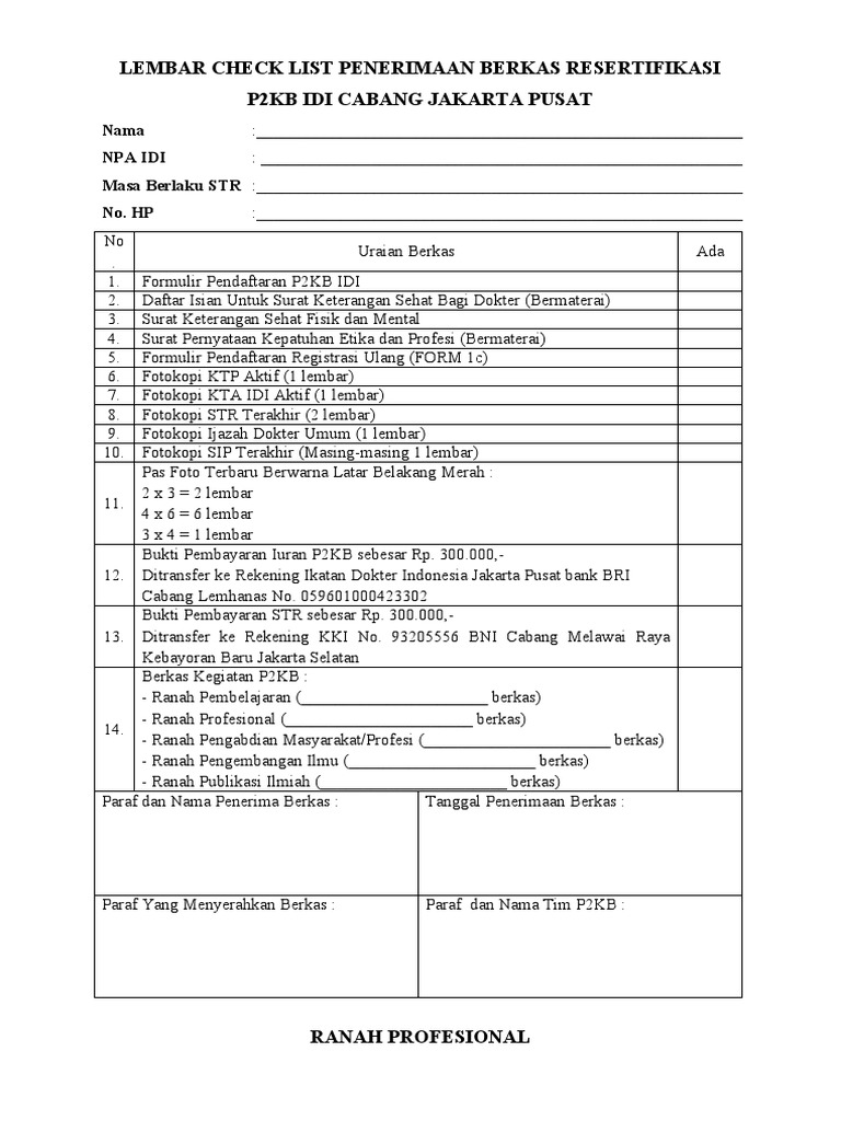 Lembar Check List Penerimaan Berkas Resertifikasi | PDF