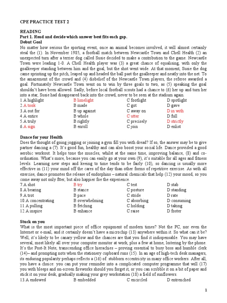 Cpe Practice Test 2 Reading Part 1. Read and Decide Which Answer Best ...