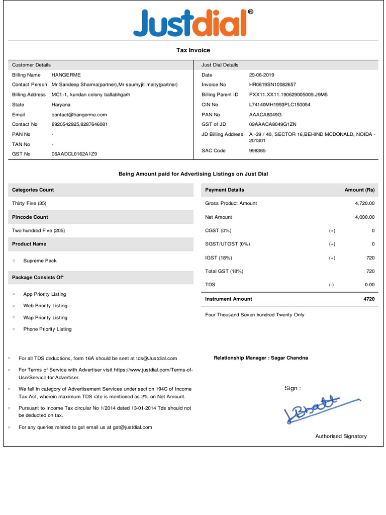 Tax Invoice: Being Amount Paid For Advertising Listings On Just Dial ...