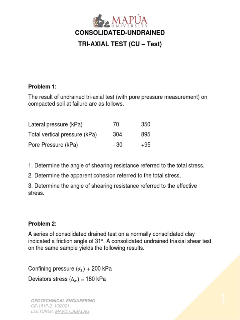 Consolidated-Undrained Tri-Axial Test (Cu - Test) : Problem 1 | PDF ...