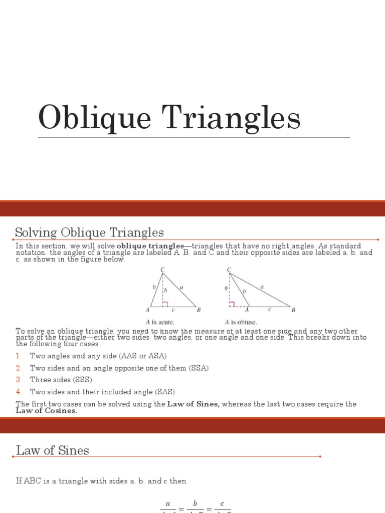 Solving and Applying the Laws of Sines, Cosines, and Areas to Oblique Triangles | PDF | Triangle ...