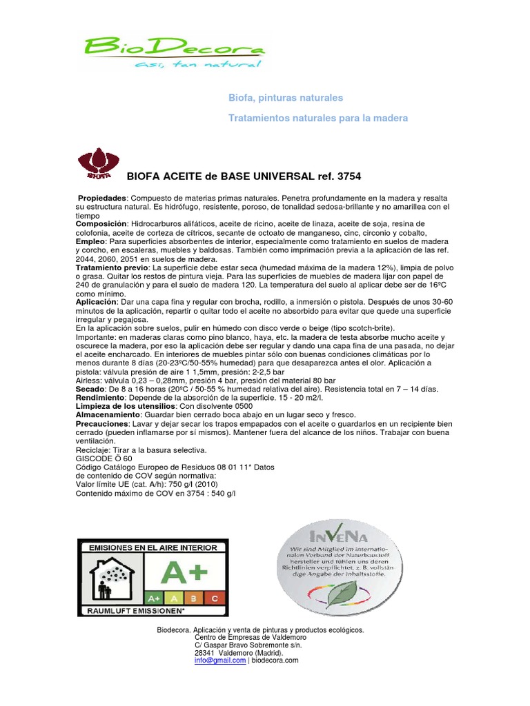 Ficha Técnica Aceite Universal Biofa. Ref 3754 | PDF | Madera | Pintar