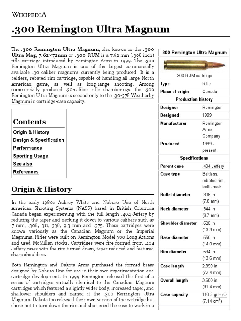 .300 Remington Ultra Magnum - Wikipedia | PDF | Cartridge (Firearms ...