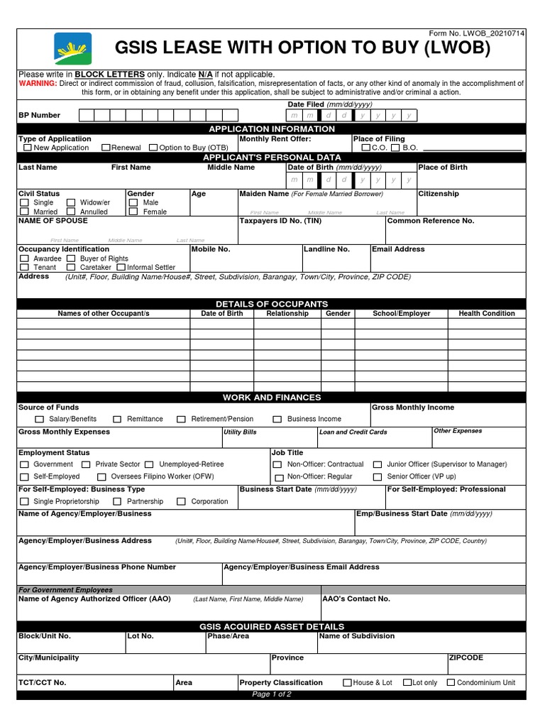 Gsis Lease With Option To Buy (Lwob) : Application Information | PDF ...