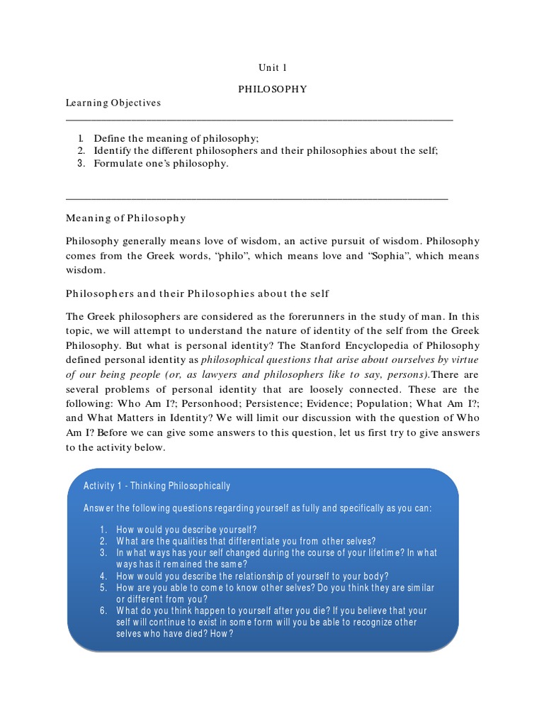 Meaning of Philosophy: Unit 1 Philosophy Learning Objectives | PDF ...