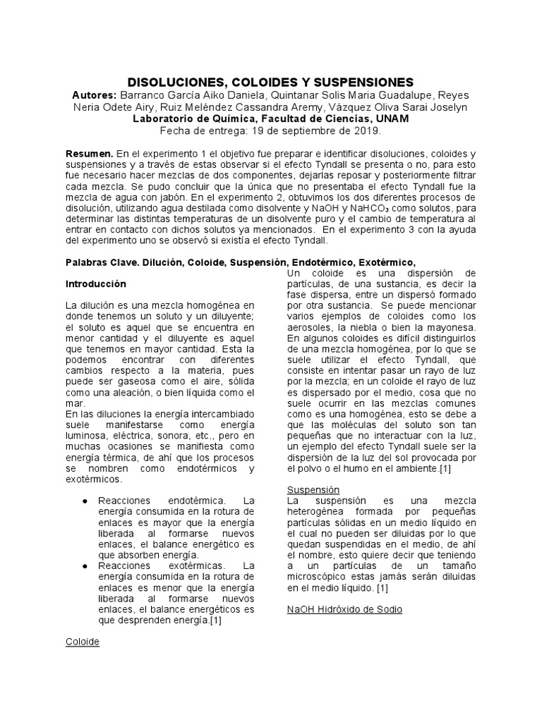 Practica 3 DISOLUCIONES, COLOIDES Y SUSPENSIONES | PDF | Mezcla | Coloide