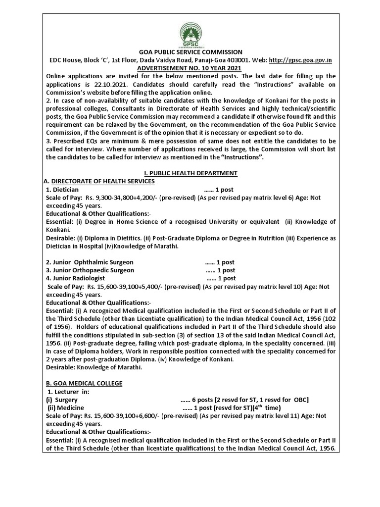 Goa PSC Recruitment 2021: Planning Officer, Librarian and Other Posts ...