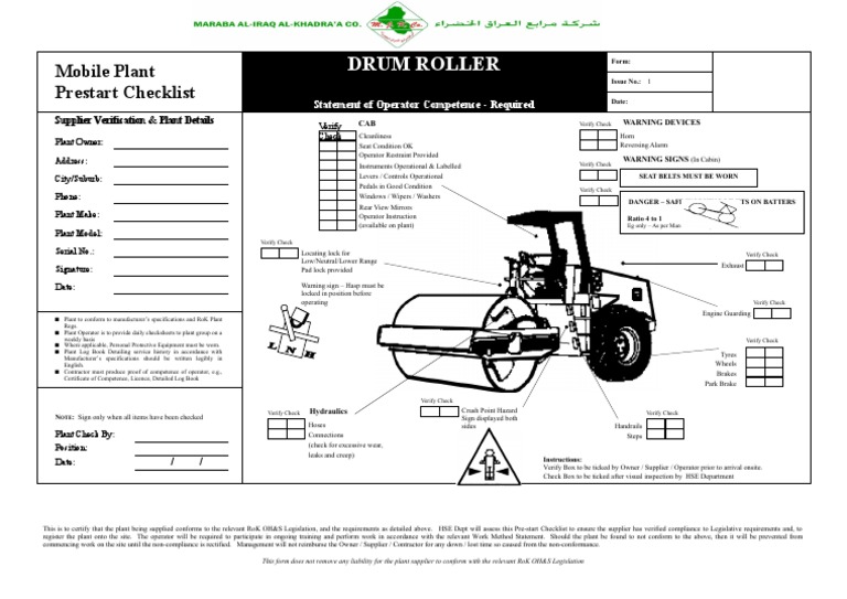 Drum Roller: Mobile Plant Prestart Checklist | PDF | Truck | Transport