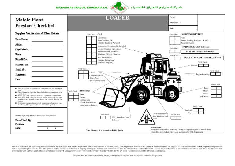 Loader Prestart Checklist | PDF | Truck | Motor Vehicle