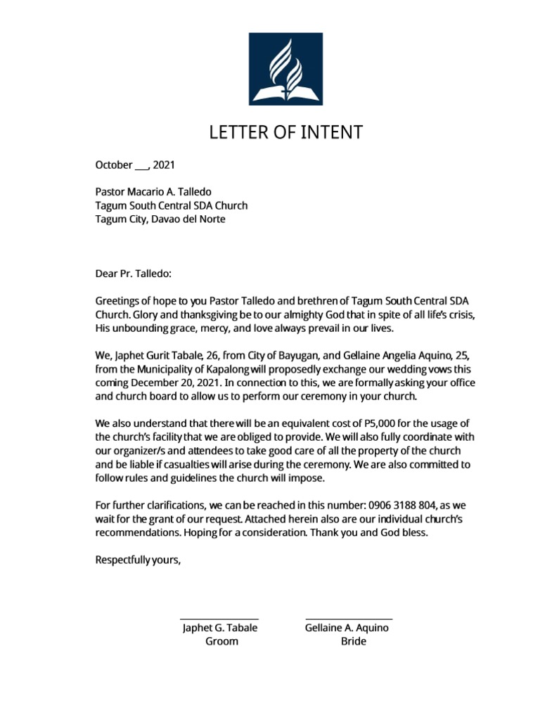 Letter of Intent Church Wedding | PDF