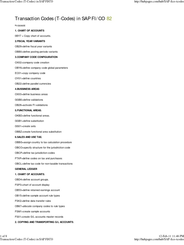 SAP FI/CO Transaction Codes Overview | PDF | Interest | Taxes