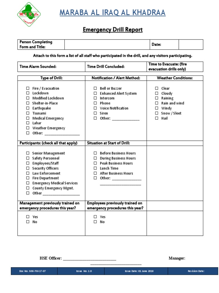 Maraba Al Iraq Al Khadraa: Emergency Drill Report | PDF | Emergency ...