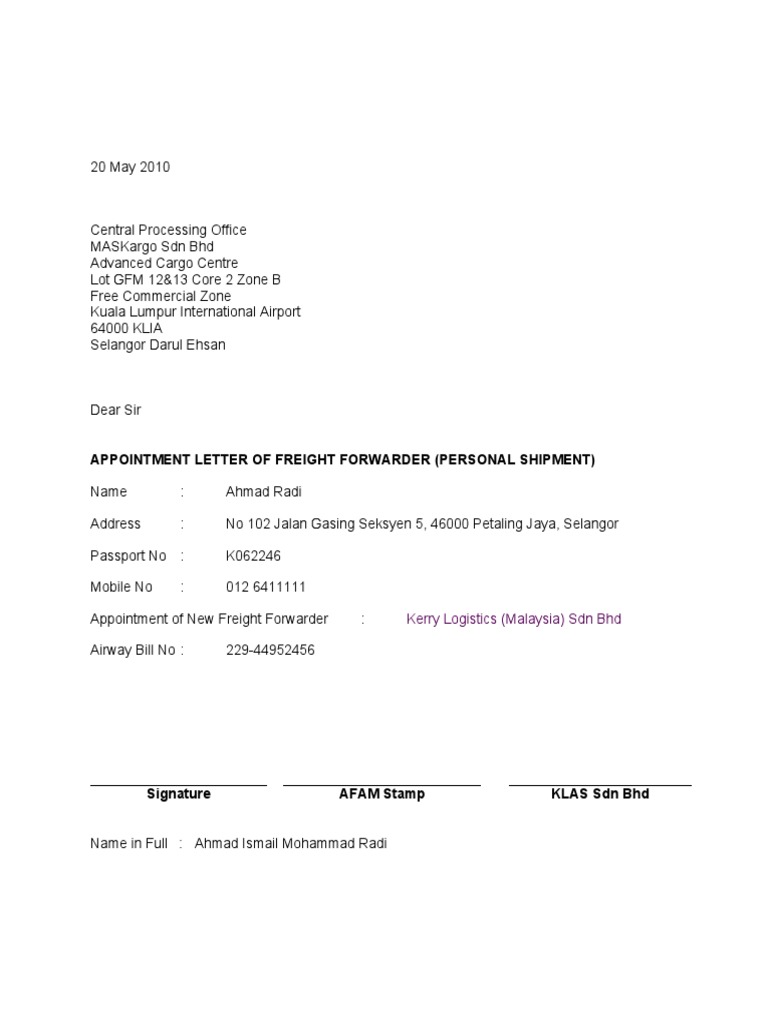 Appointment Letter of Freight - MASKargo | PDF