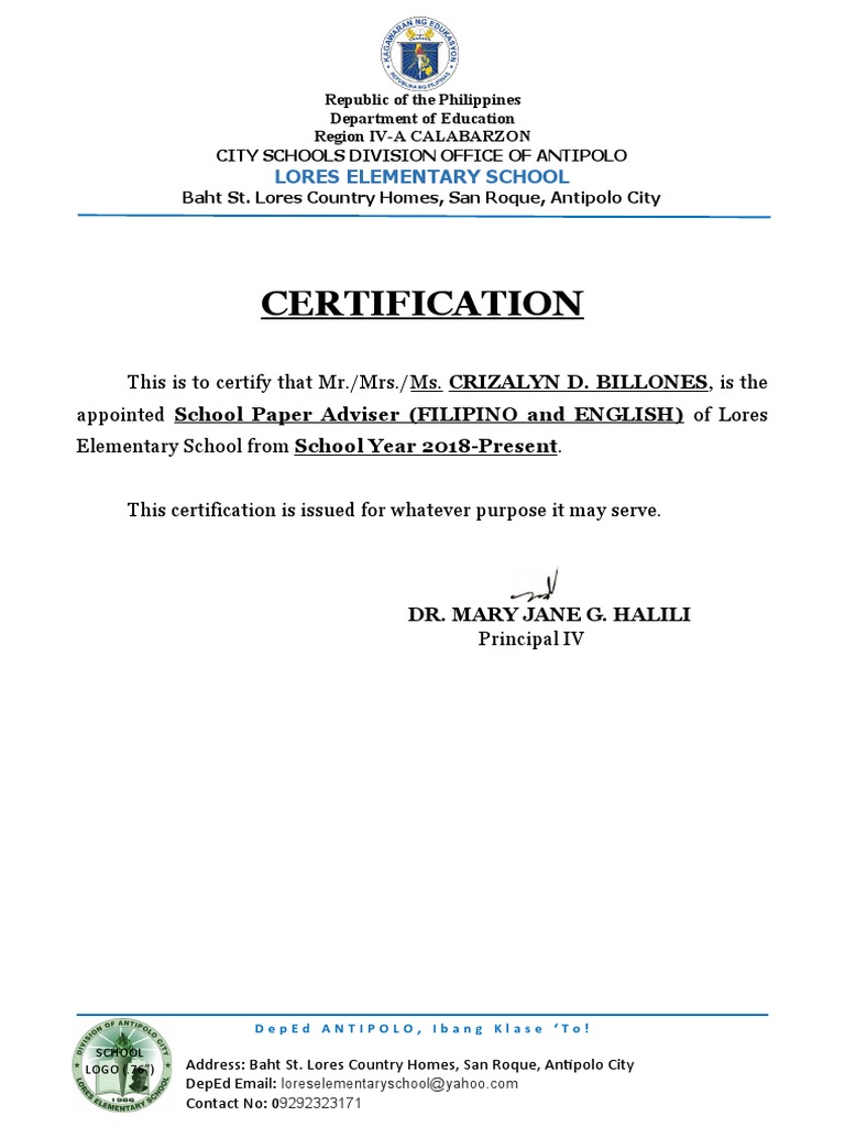 Certification of School Paper Adviser | PDF | Social Science | Foreign ...