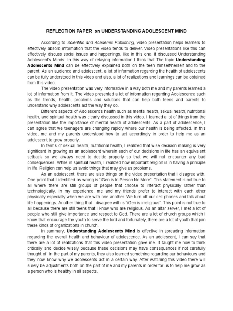 REFLECTION PAPER On UNDERSTANDING ADOLESCENT MIND | PDF | Adolescence ...