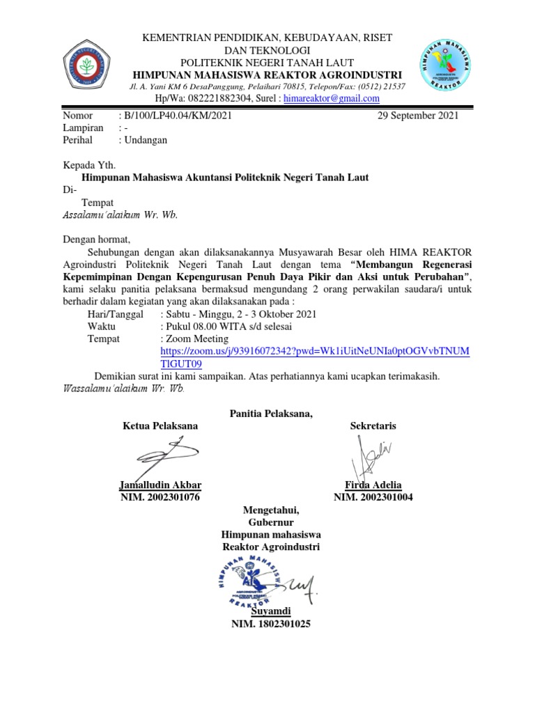 Surat Undangan Mubes Hima Ai 2021 Kepada Hima Akt Politala | PDF