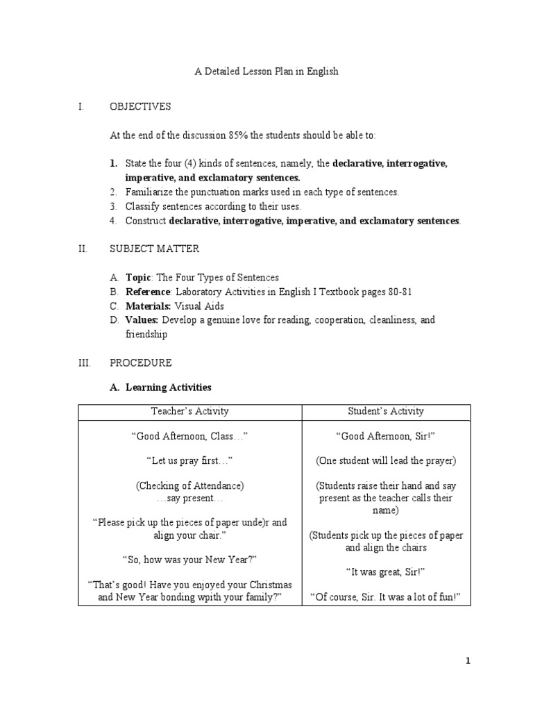 A Detailed Lesson Plan in English | PDF | Question | Sentence (Linguistics)