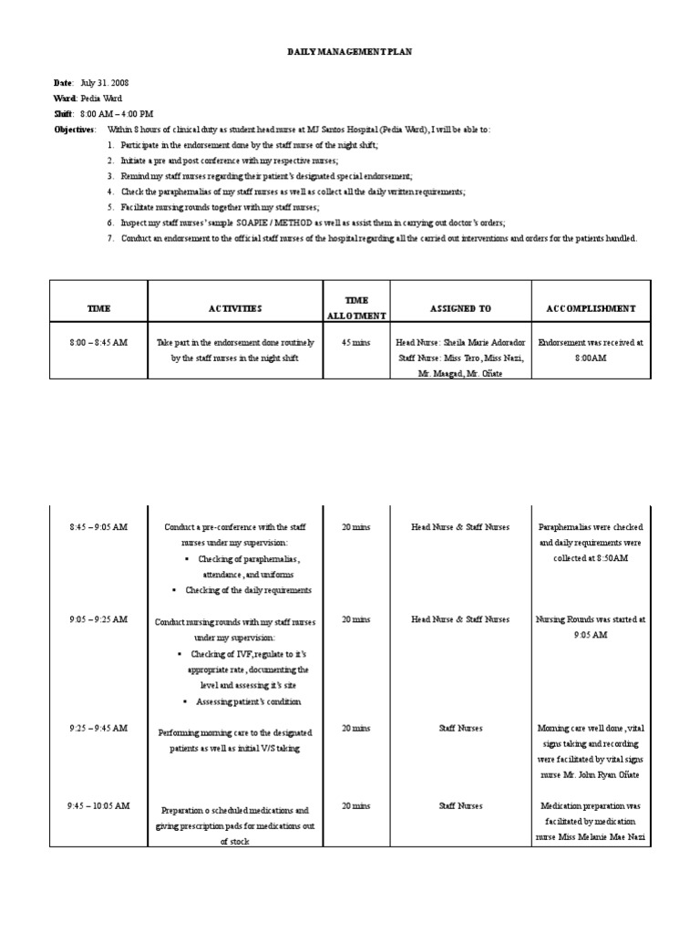 Daily Management Plan | PDF