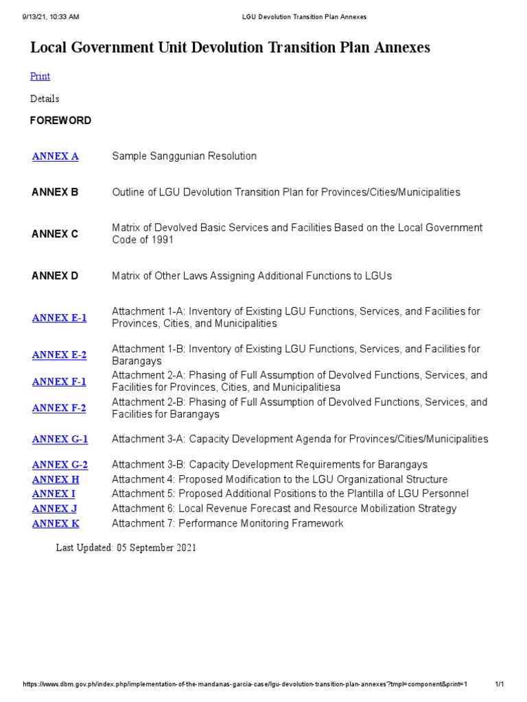 LGU Devolution Transition Plan Annexes | PDF | Finance & Money Management | Computers