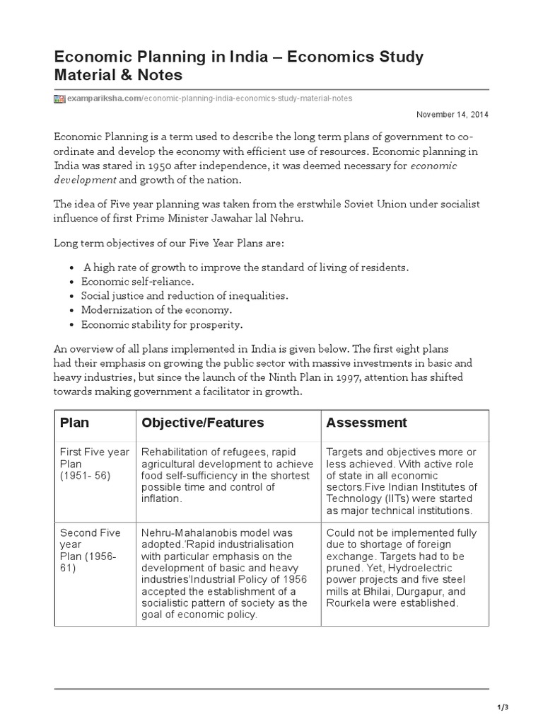 Economic Planning in India Economics Study Material Amp Notes | PDF ...