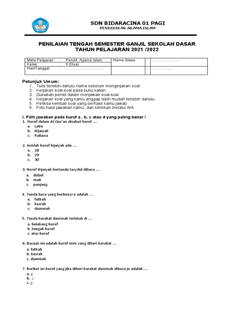Soal PTS PAI Kelas 2 Ganjil | PDF