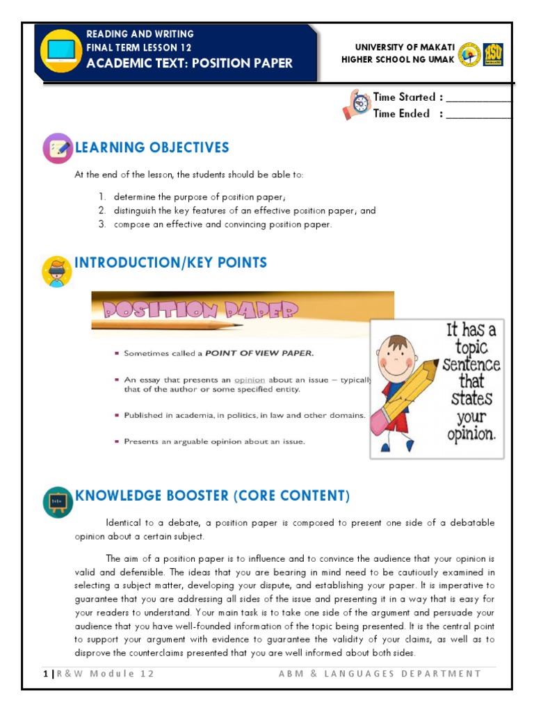 Grade 12 Position Paper Lesson Plan | PDF | Libraries | Essays