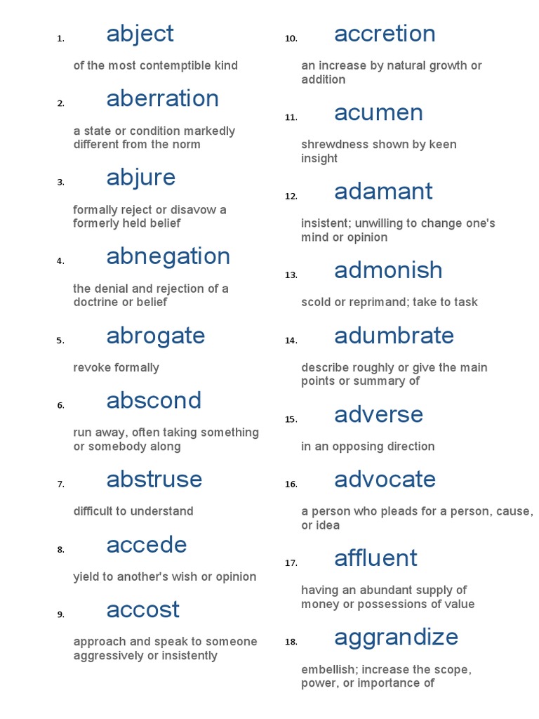 Abject Aberration Abjure Abnegation Abrogate Abscond Abstruse Accede ...