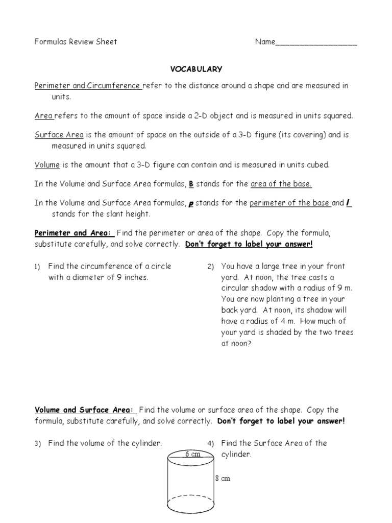 Formulas Review Sheet Math Worksheet | PDF | Area | Volume