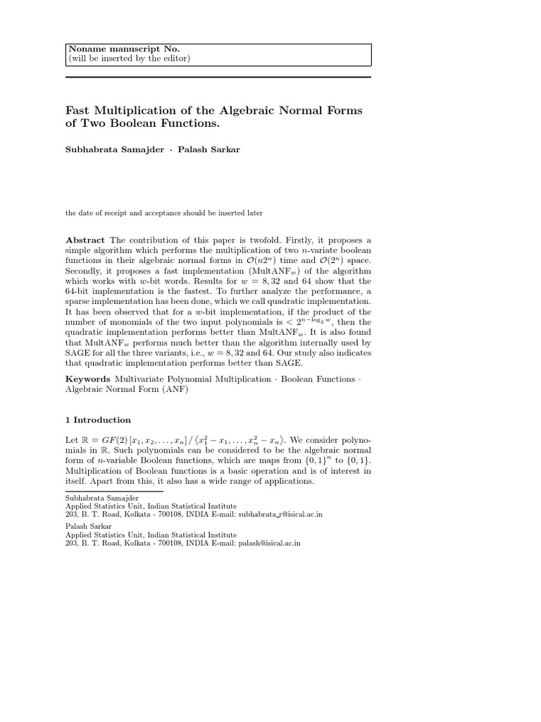 Fast Multiplication of The Algebraic Normal Forms of Two Boolean ...