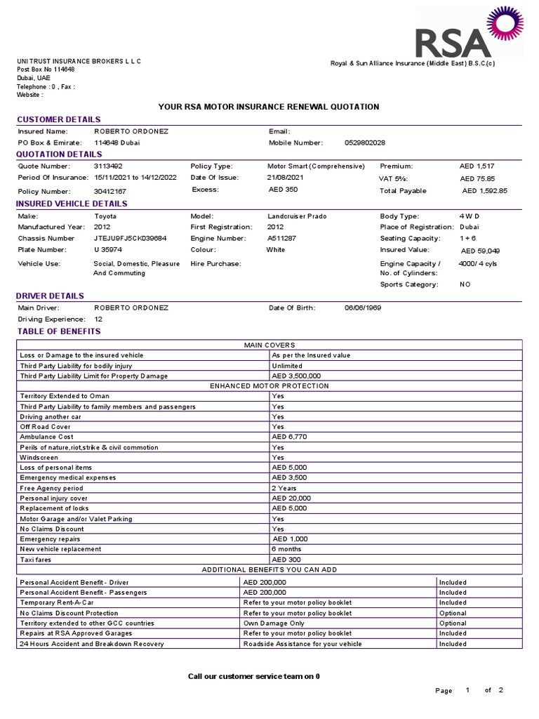 Your Rsa Motor Insurance Renewal Quotation: Customer Details | Download ...