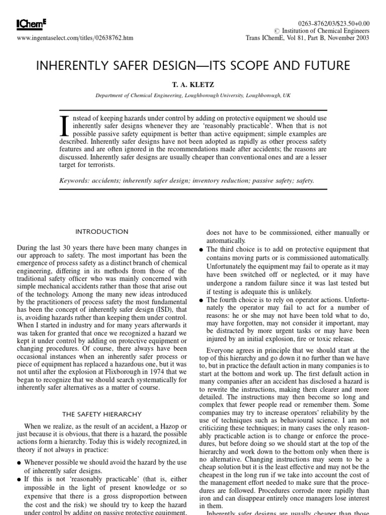 Inherently Safer Designðits Scope and Future | Download Free PDF ...