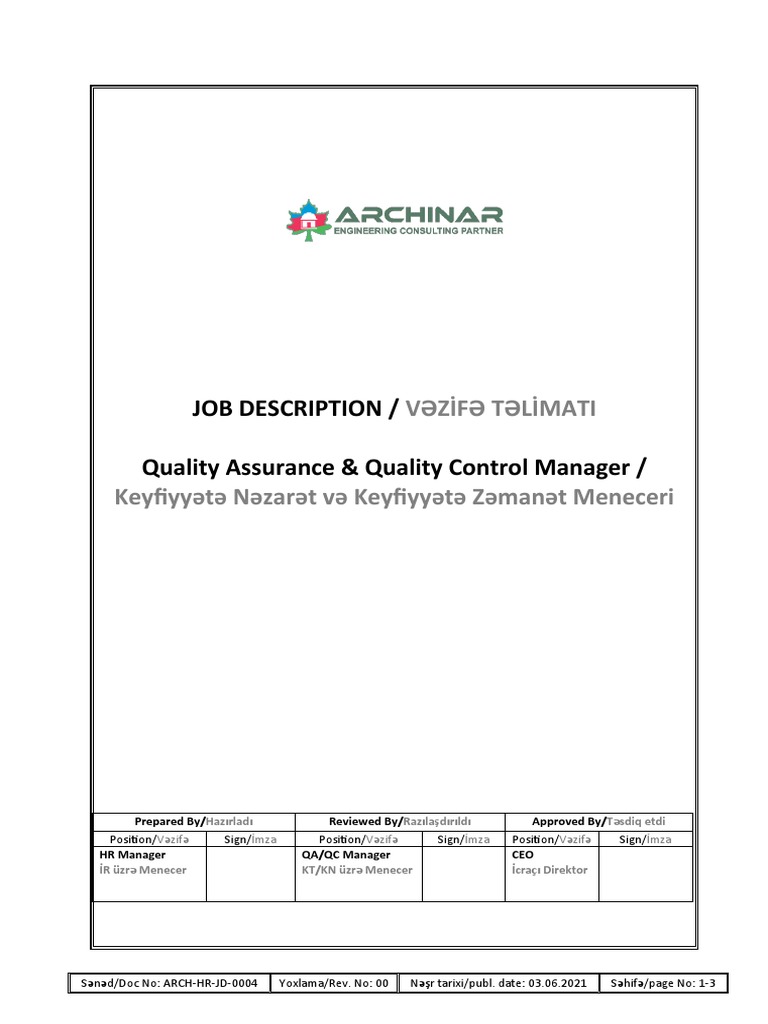 Job Description / Quality Assurance & Quality Control Manager | PDF ...